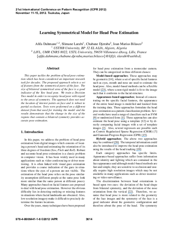 (PDF) Learning symmetrical model for head pose estimation | SLIMANE LARABI - Academia.edu