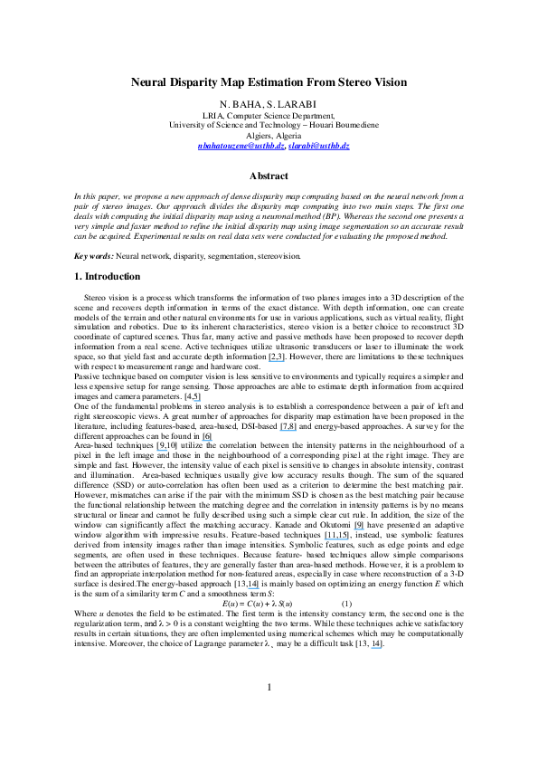 (PDF) Neural Disparity Map Estimation From Stereo Vision