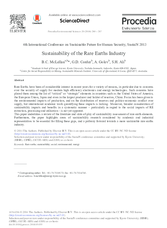 (PDF) Sustainability of the rare earths industry