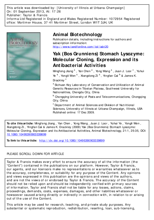 (PDF) Yak (Bos Grunniens) Stomach Lysozyme: Molecular Cloning ...