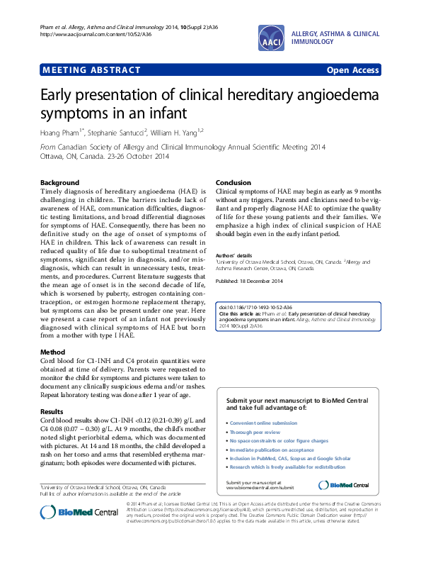 (PDF) Early Presentation of clinical hereditary angioedema (HAE ...