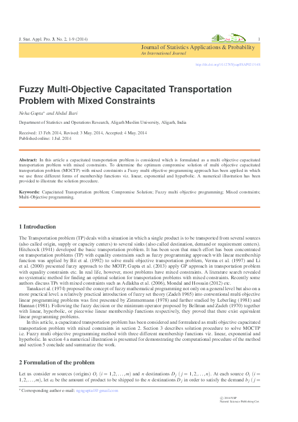 (PDF) Fuzzy Multi-Objective Capacitated Transportation Problem with Mixed Constraints