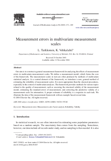 Pdf Measurement Errors In Multivariate Measurement Scales Kimmo