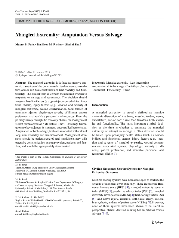 (PDF) Mangled Extremity: Amputation Versus Salvage
