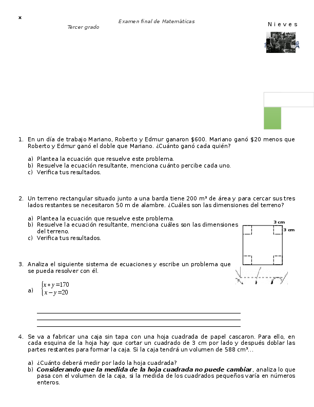 (DOC) EXAMEN DE MATH TERCER GRADO FINAL