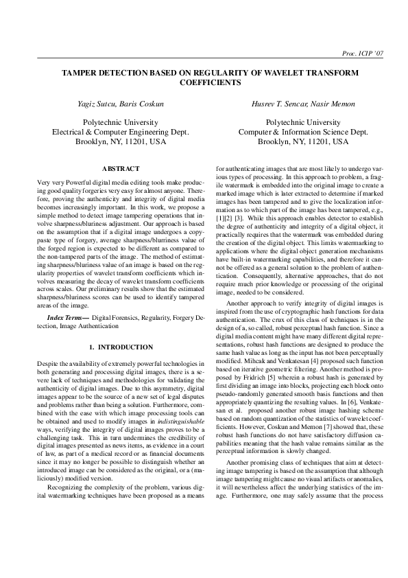 (PDF) TAMPER DETECTION BASED ON REGULARITY OF WAVELET TRANSFORM COEFFICIENTS (EXTENDED ABSTRACT)
