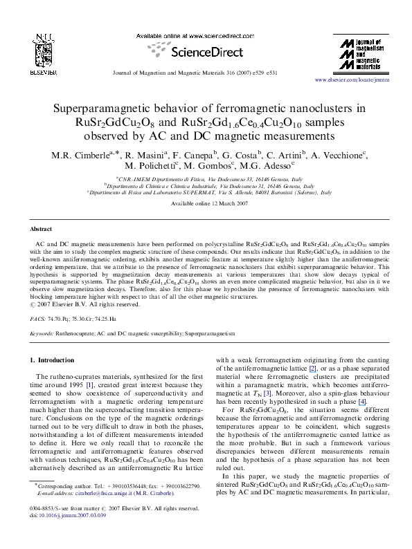 (PDF) Superparamagnetic behavior of ferromagnetic nanoclusters in RuSr ...