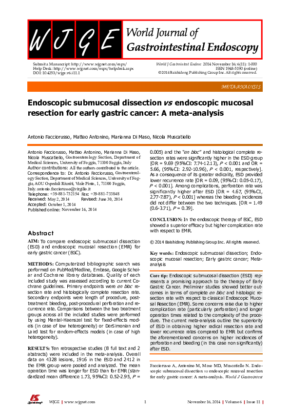 (PDF) Endoscopic submucosal dissection vs endoscopic mucosal resection for early gastric cancer ...
