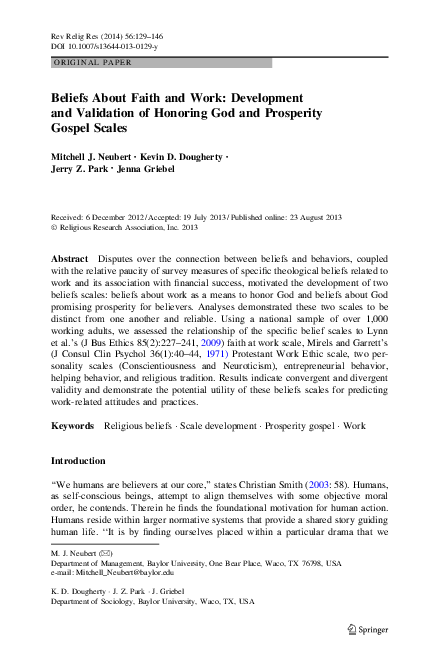 (PDF) Beliefs About Faith and Work: Development and Validation of ...