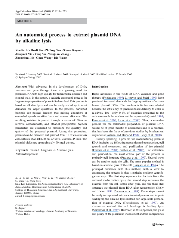 (PDF) An automated process to extract plasmid DNA by alkaline lysis