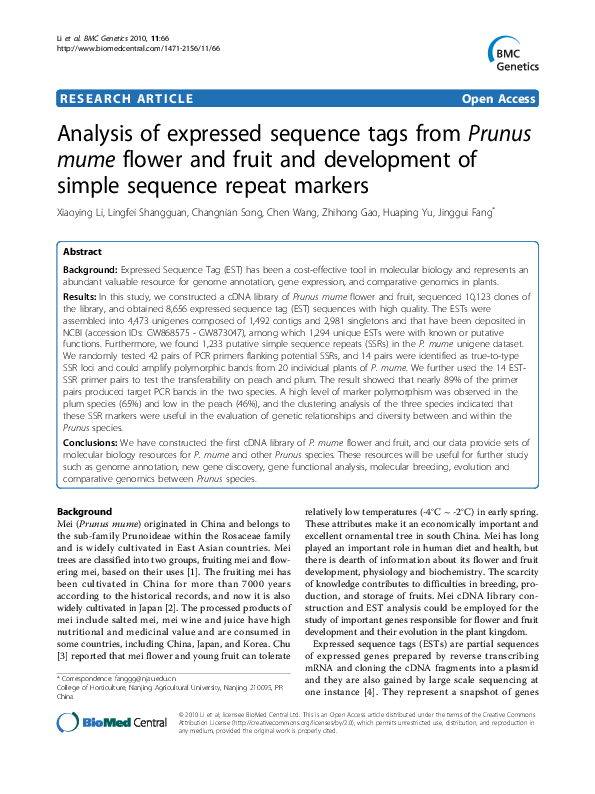 (PDF) Analysis of expressed sequence tags from Prunus mume flower and fruit and development of ...