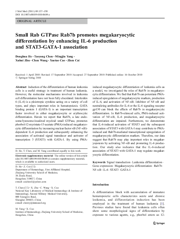 (PDF) Small Rab GTPase Rab7b promotes megakaryocytic differentiation by ...