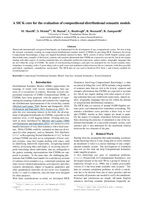Pdf A Sick Cure For The Evaluation Of Compositional Distributional Semantic Models