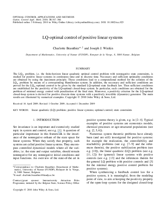 (PDF) On the Positive LQ-Problem for Linear Discrete Time Systems