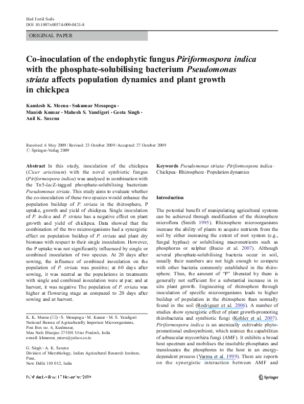 (PDF) Co-inoculation of the endophytic fungus Piriformospora indica with the phosphate ...