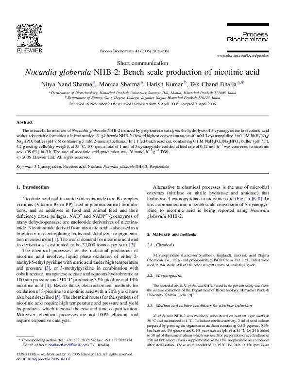 (PDF) Nocardia globerula NHB-2: Bench scale production of nicotinic acid
