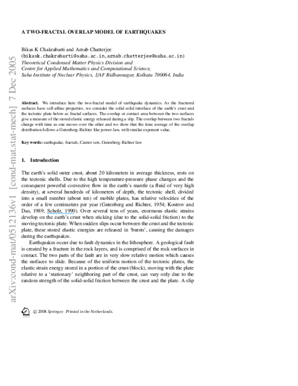 (PDF) A two-fractal overlap model of earthquakes