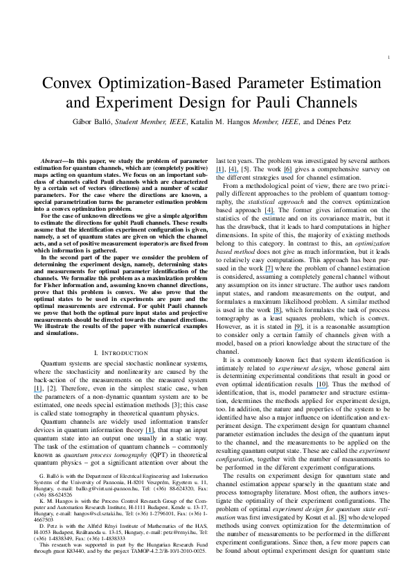 Pdf Convex Optimization Based Parameter Estimation And Experiment