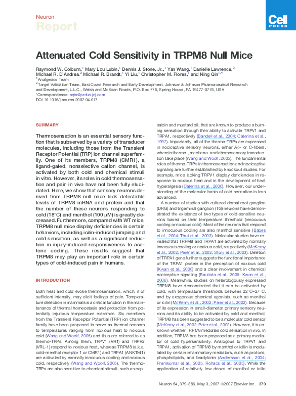 (PDF) Attenuated Cold Sensitivity in TRPM8 Null Mice