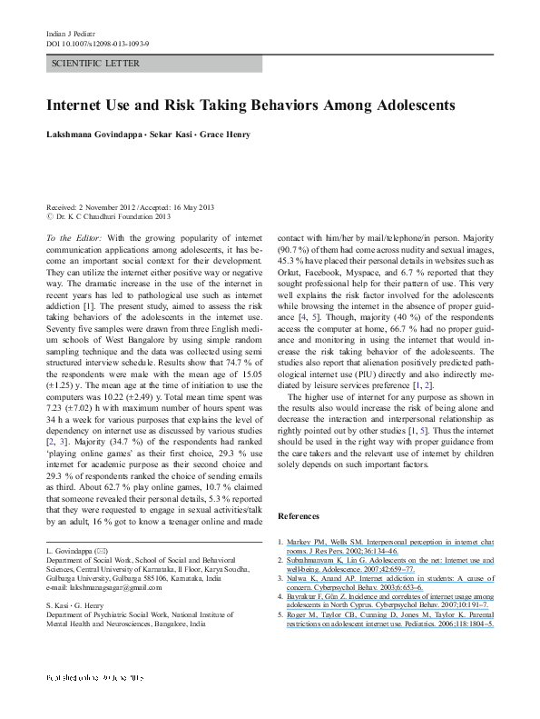 (PDF) Internet Use and Risk Taking Behaviors Among Adolescents