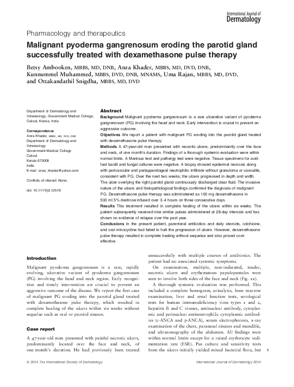 (PDF) Malignant pyoderma gangrenosum eroding the parotid gland successfully treated with ...