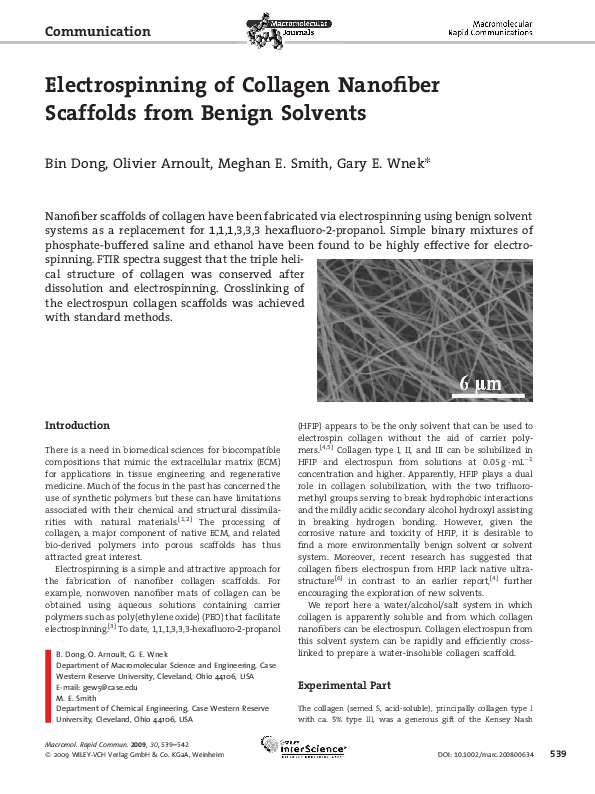 (PDF) Electrospinning of Collagen Nanofiber Scaffolds from Benign Solvents