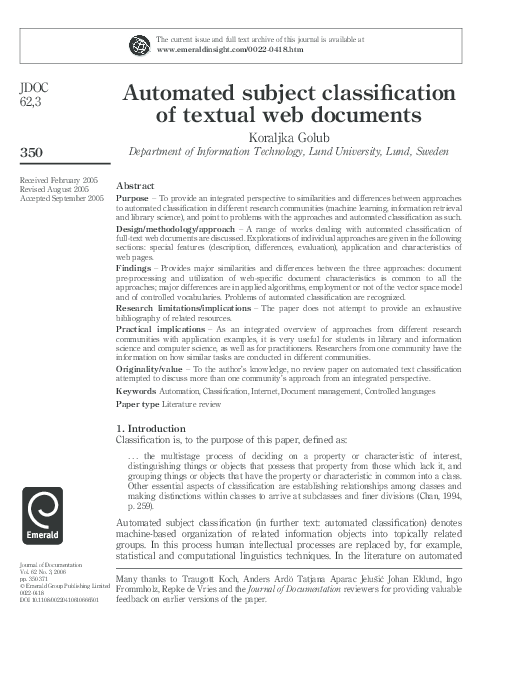 (PDF) Automated subject classification of textual web documents
