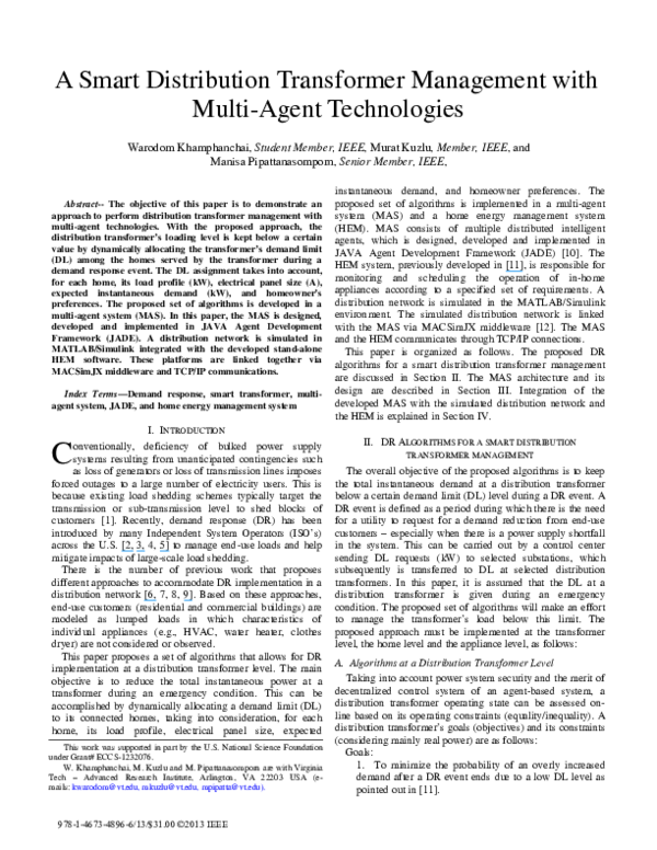 (PDF) A smart distribution transformer management with multi-agent technologies