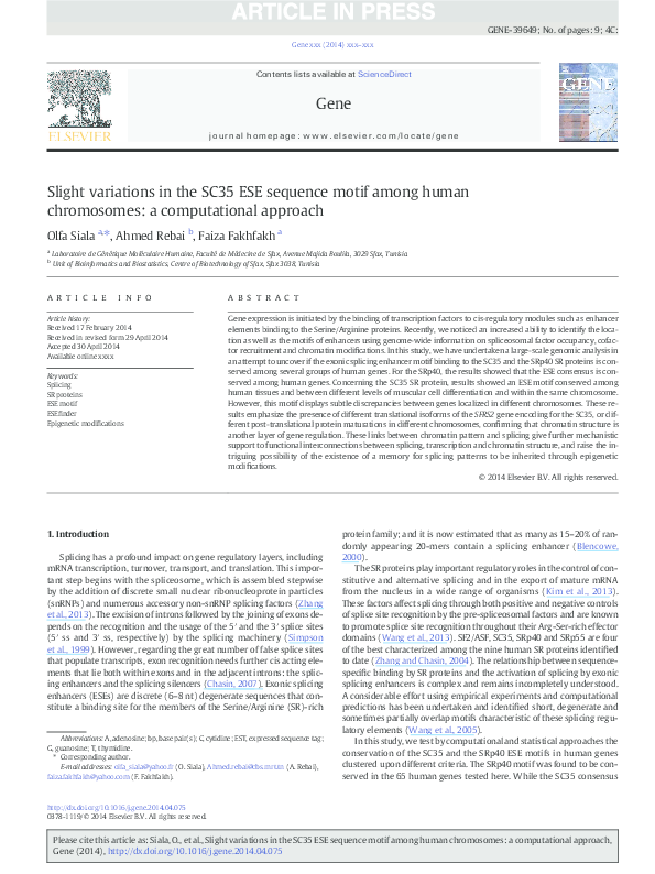 (PDF) Slight variations in the SC35 ESE sequence motif among human ...