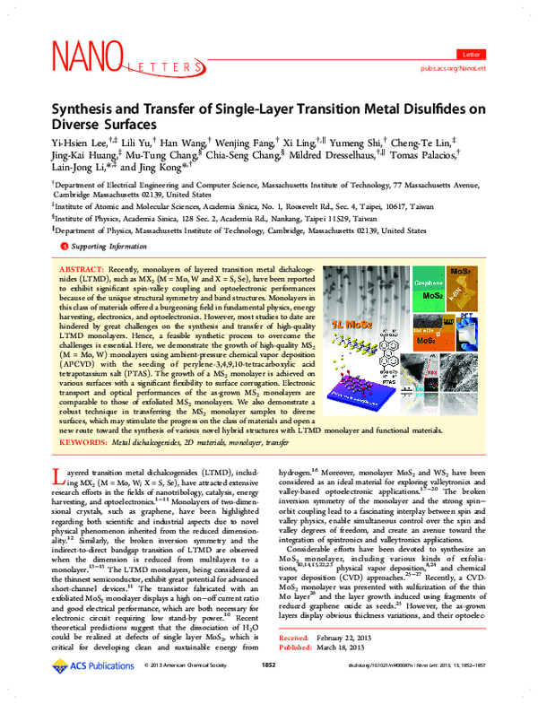 (PDF) Synthesis and Transfer of Single Layer Transition Metal ...