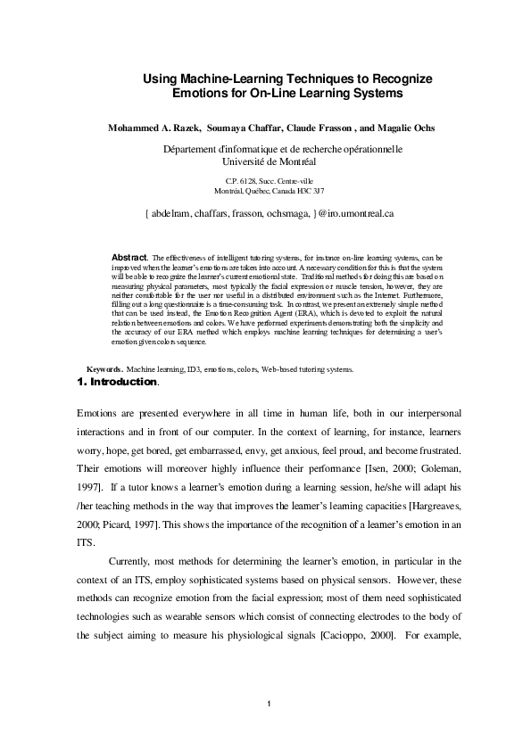 (PDF) Using machine-learning techniques to recognize emotions for on ...
