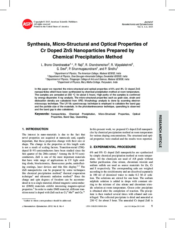 (PDF) Synthesis, Micro-Structural and Optical Properties of Cr Doped ZnS Nanoparticles Prepared ...