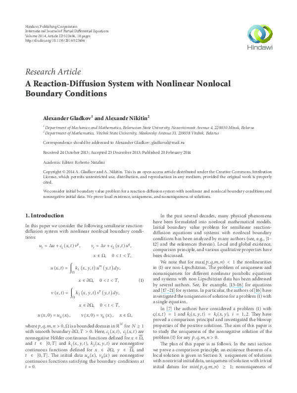 (PDF) A Reaction-Diffusion System with Nonlinear Nonlocal Boundary Conditions