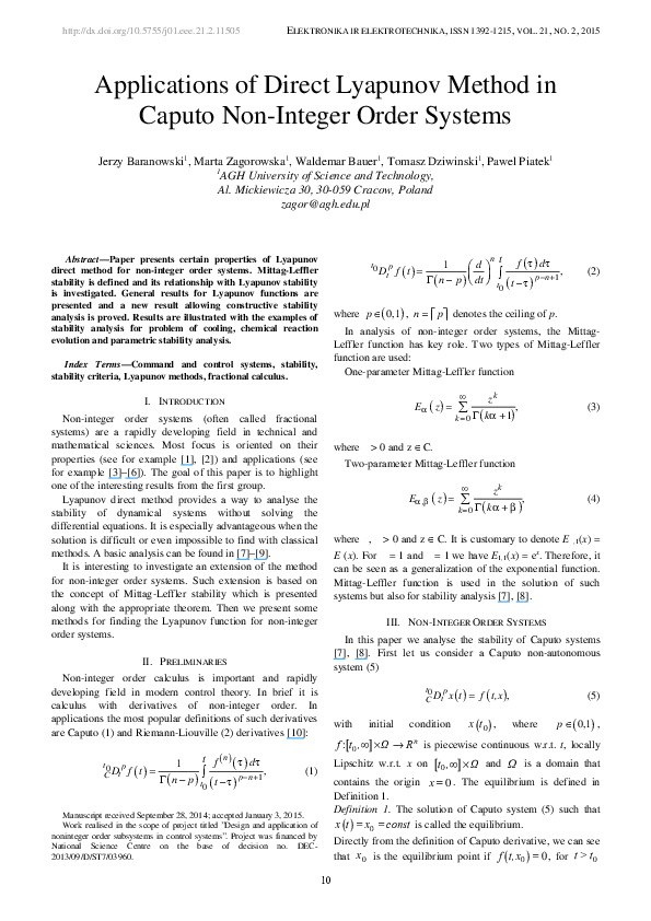 (PDF) Applications of Direct Lyapunov Method in Caputo Non-Integer Order Systems | Waldemar ...