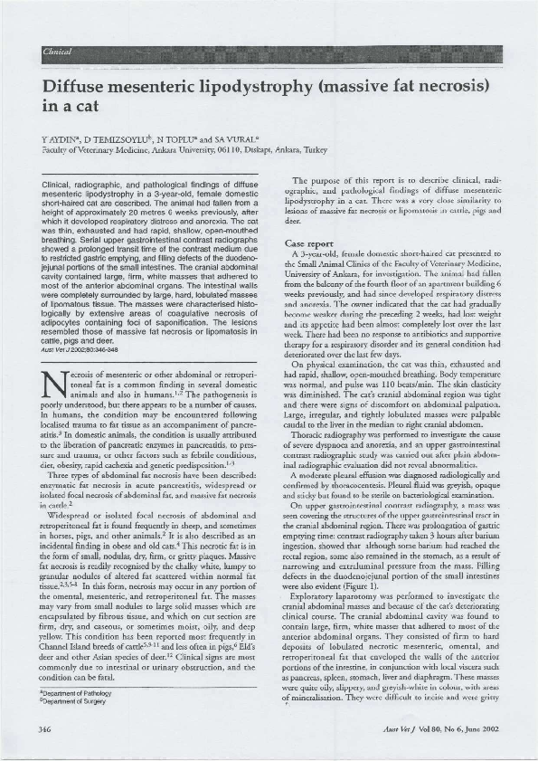 (PDF) Diffuse mesenteric lipodystrophy (massive fat necrosis) in a cat