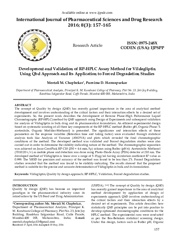 Pdf Coden Usa Ijpspp Development And Validation Of Rp Hplc Assay Method For Vildagliptin
