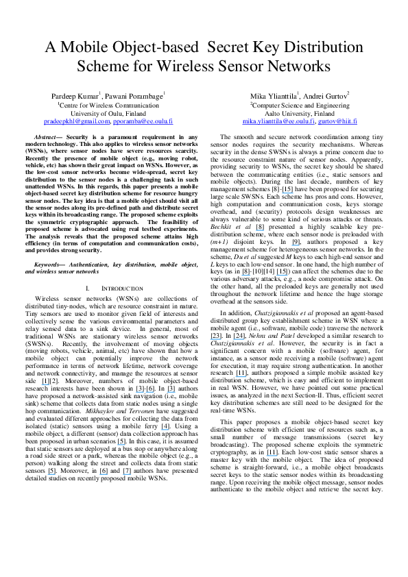 Pdf A Mobile Object Based Secret Key Distribution Scheme For Wireless Sensor Networks