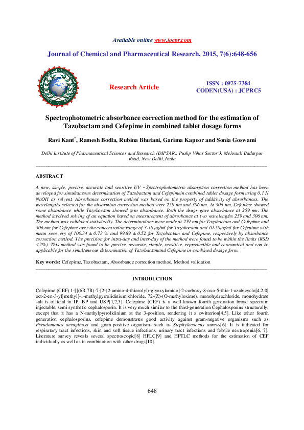 Pdf Spectrophotometric Absorbance Correction Method For The Estimation Of Tazobactam And