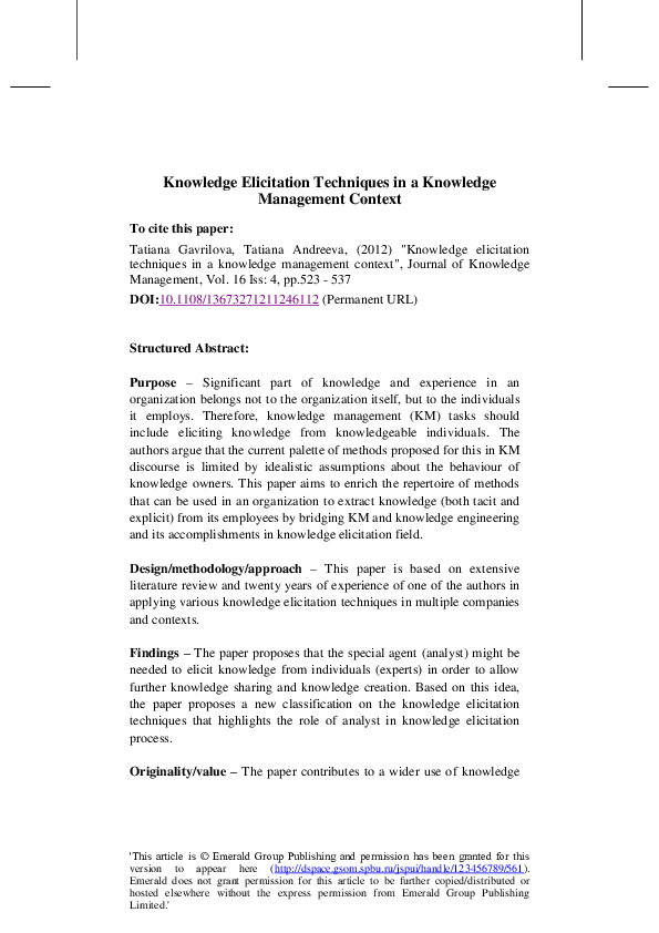 (PDF) Knowledge elicitation techniques in a knowledge management context