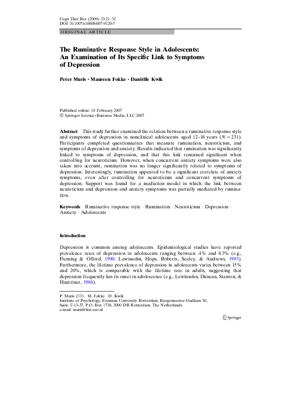 (PDF) The Ruminative Response Style in Adolescents: An Examination of ...
