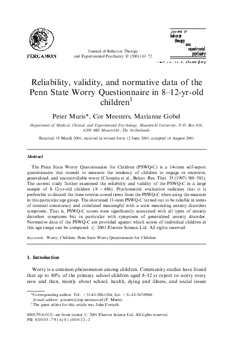 (PDF) Reliability, validity, and normative data of the Penn State Worry ...
