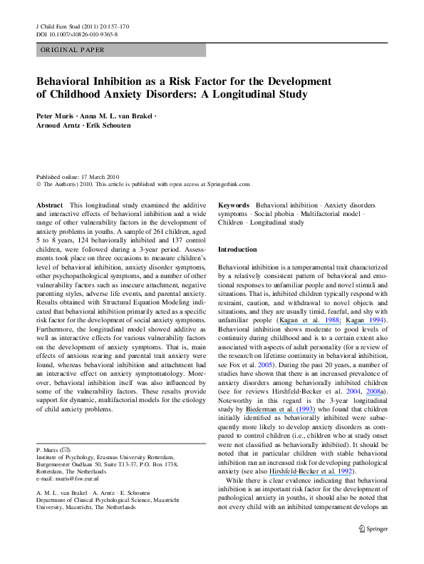 (PDF) Behavioral Inhibition as a Risk Factor for the Development of ...