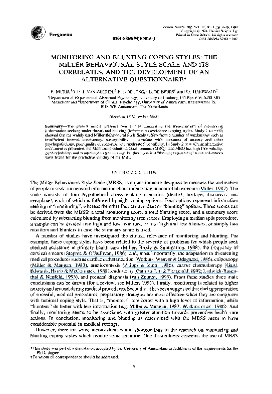 (PDF) Monitoring and blunting coping styles: The Miller Behavioural ...
