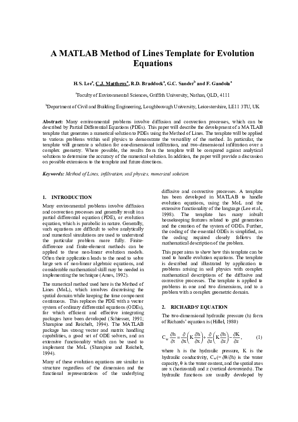 (PDF) A MATLAB Method of Lines Template for Evolution Equations