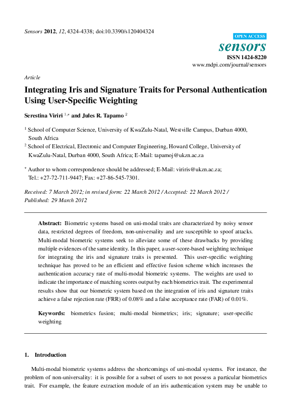 (PDF) Integrating Iris and Signature Traits for Personal Authentication Using User-SpecificWeighting
