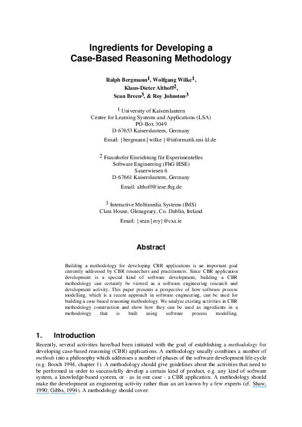 (PDF) Ingredients for Developing a Case-Based Reasoning Methodology