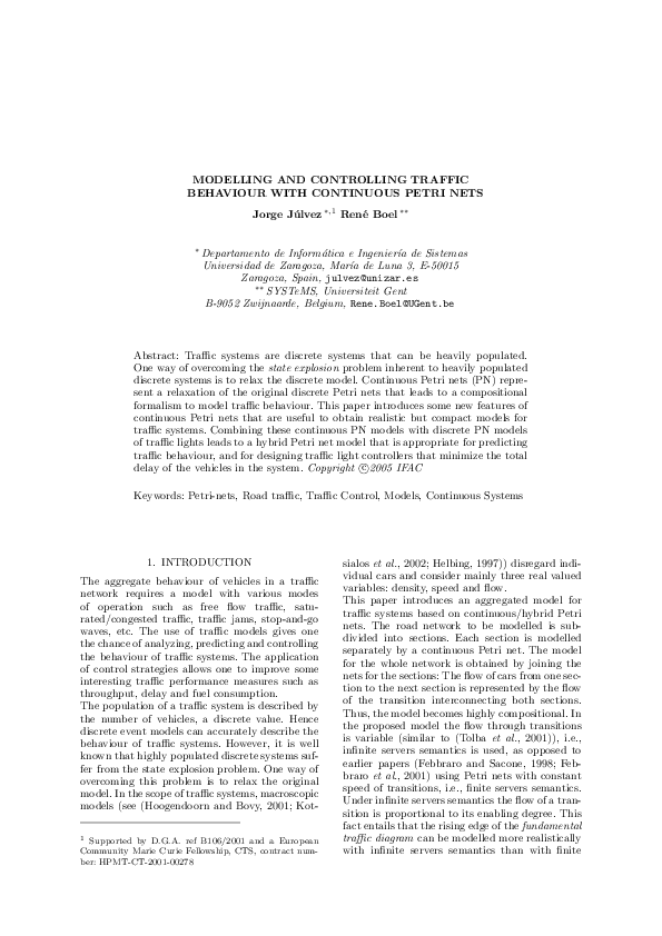 (PDF) MODELLING AND CONTROLLING TRAFFIC BEHAVIOUR WITH CONTINUOUS PETRI NETS