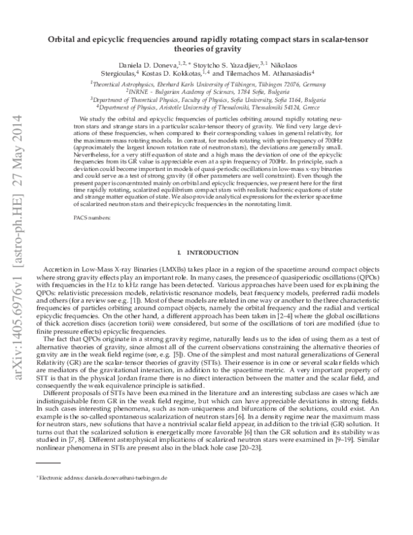 Pdf Orbital And Epicyclic Frequencies Around Rapidly Rotating Compact Stars In Scalar Tensor