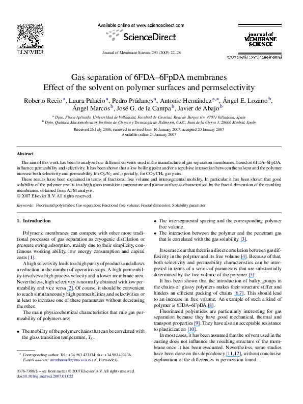 (PDF) Gas separation of 6FDA–6FpDA membranesEffect of the solvent on ...
