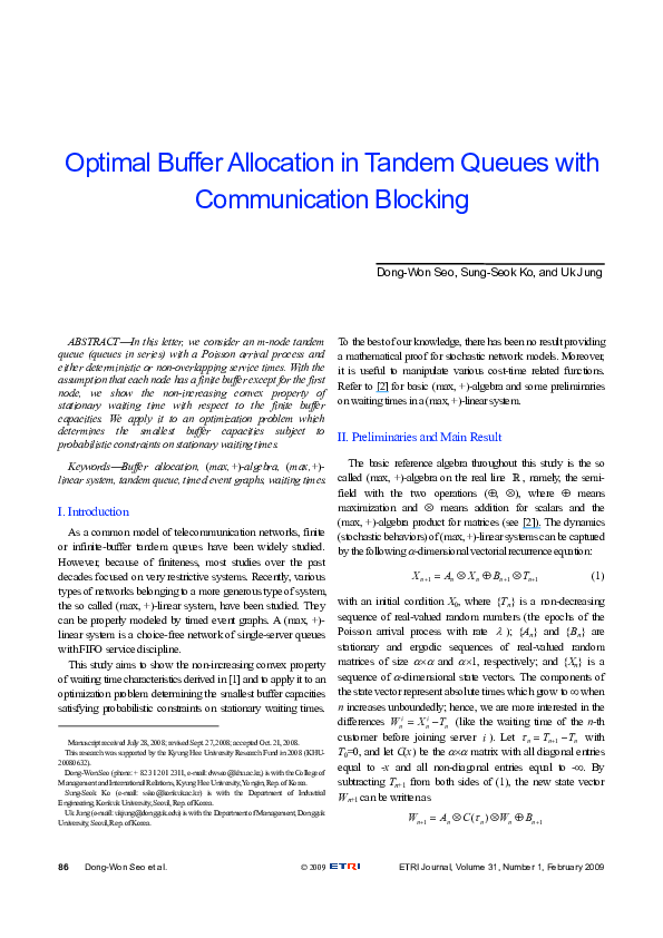 Pdf Optimal Buffer Allocation In Tandem Queues With Communication
